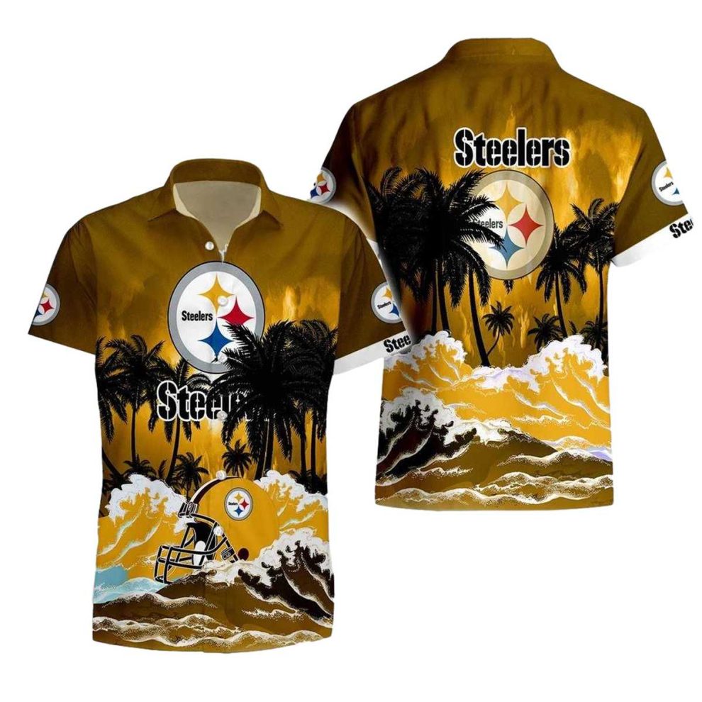 Pittsburgh Steelers Logo Helmet Wave Sunset Hawaiian Shirt - RobeLooks